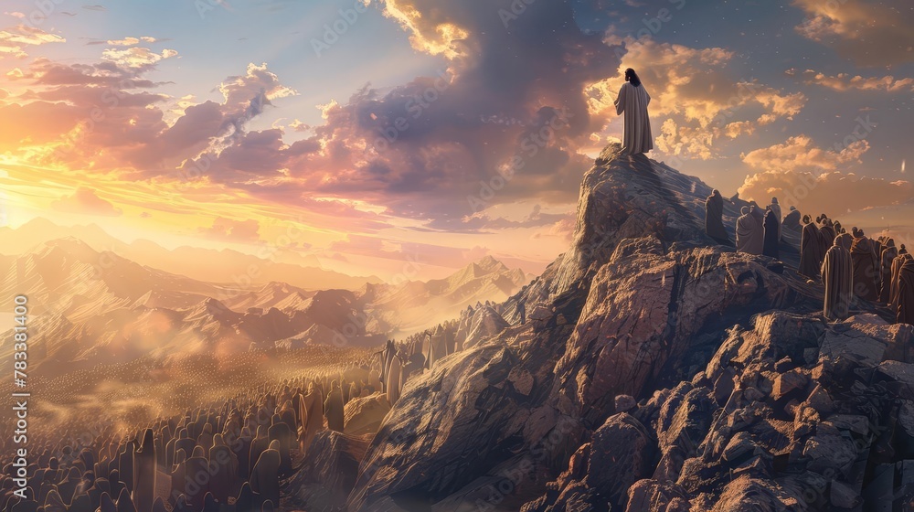 jesus christ son of god standing atop a mountain gazing upon the ...