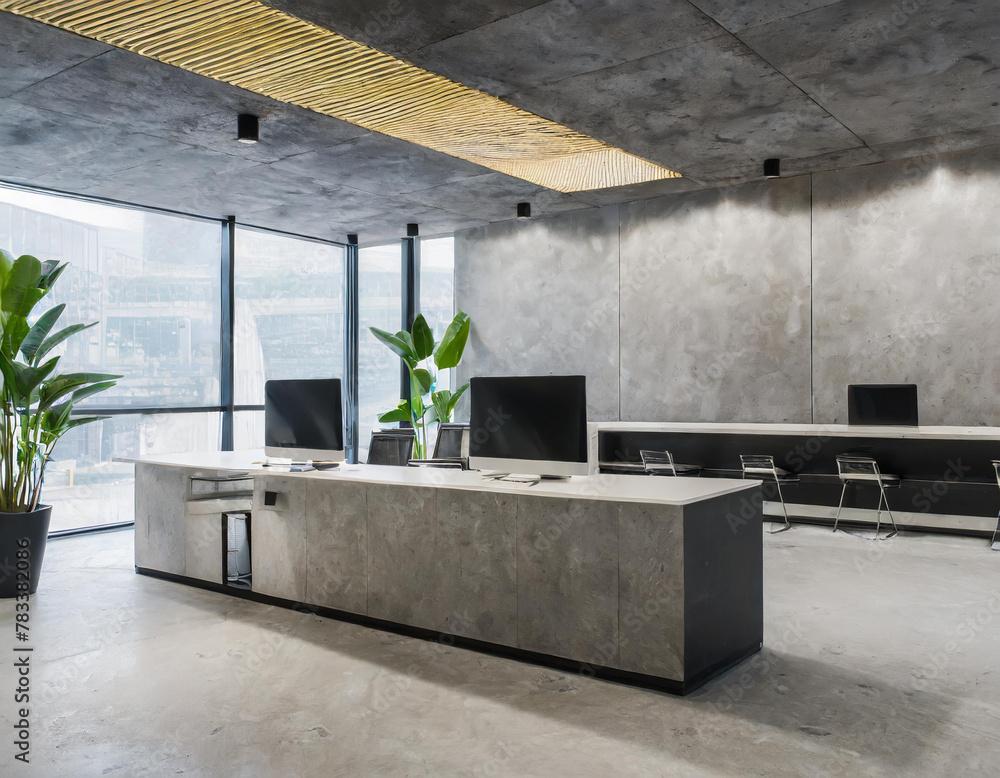 Interior of modern office lobby with concrete walls, concrete floor and ...