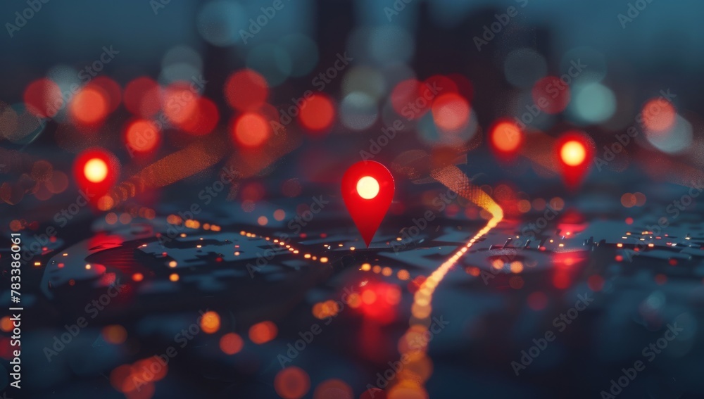 map of city with red pins, location pin on center point, location point ...