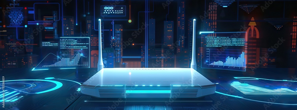 white cable is plugged into the port of Wi-Fi router, modern wireless ...