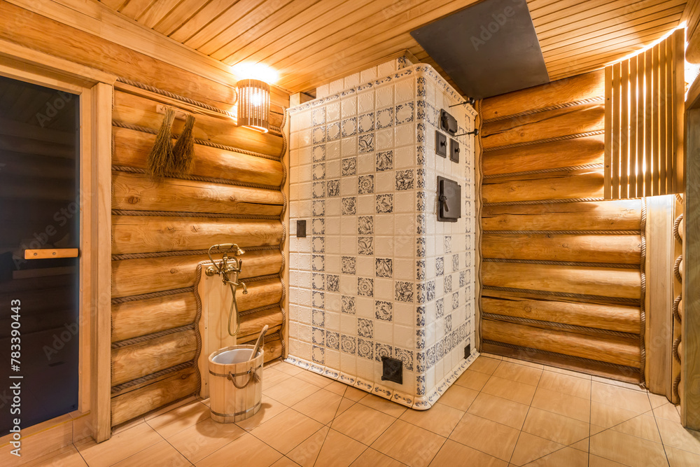 Warm, inviting interior of a traditional Russian banya, featuring ...