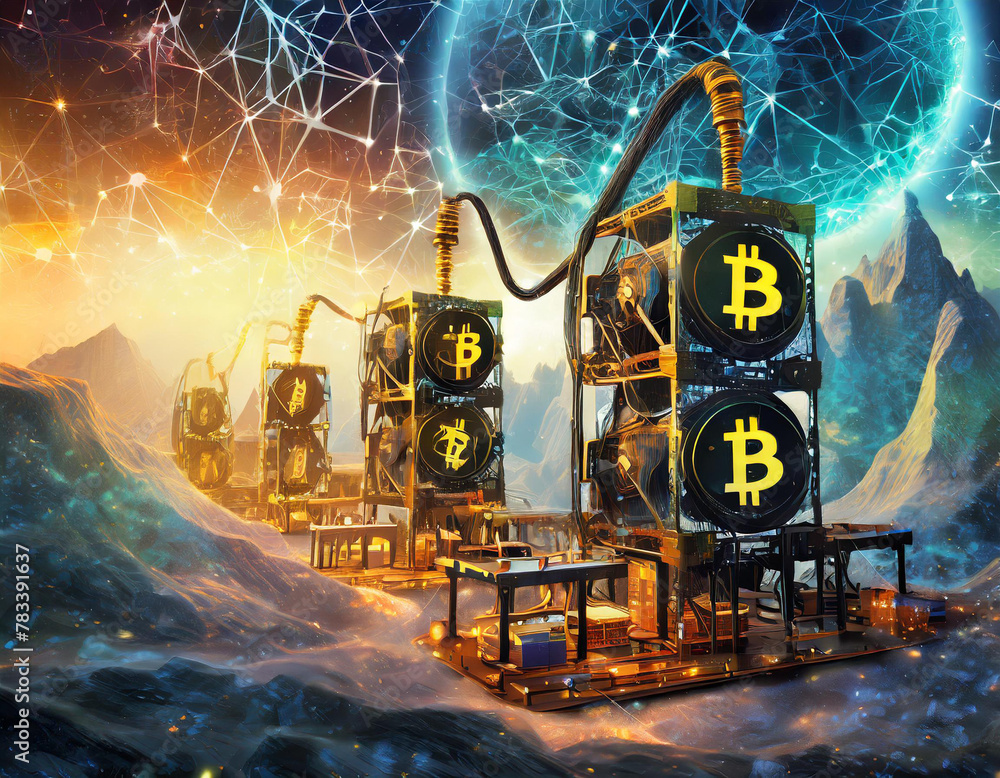 surreal depiction of cryptocurrency mining in a digital landscape, with ...