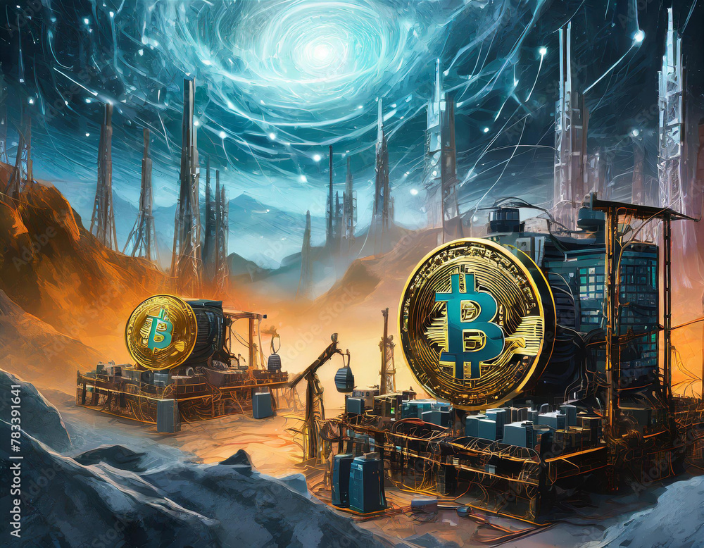 surreal depiction of cryptocurrency mining in a digital landscape, with ...