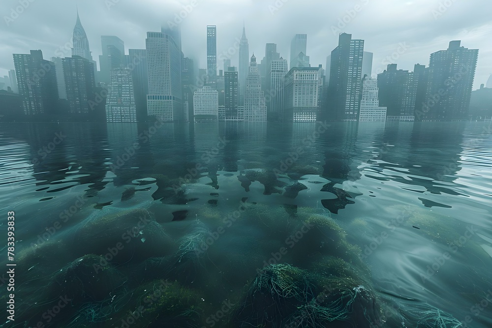 Submerged Serenity: NYC's Skyscrapers Amidst Rising Tides. Concept Climate Change, Urban ...