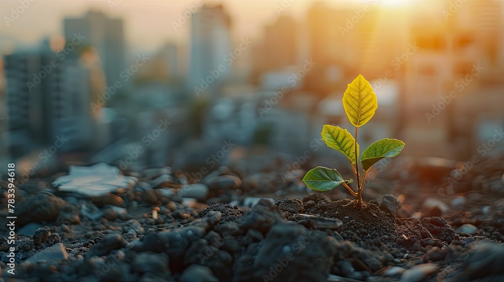 Young plant sprouting in the midst of an urban wasteland, symbolizing ...