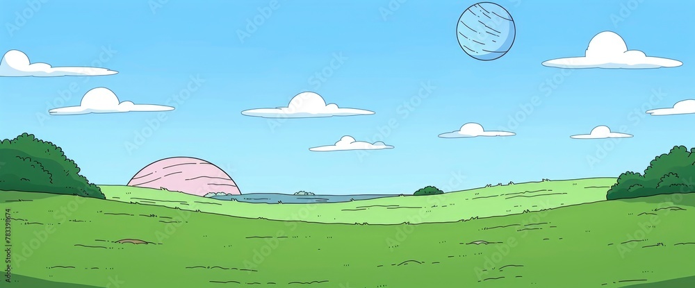 cartoon background of a grassy field with a blue sky and clouds, a ...