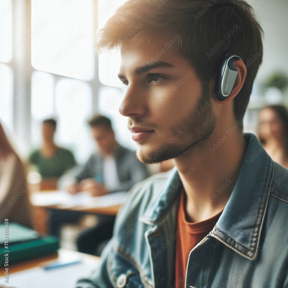 Foto de Hearing impaired student with hearing aid. Wearing hearing ...
