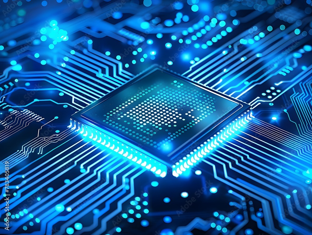 microchip semiconductor technology plug in circuit board motherboard computer with blue neon ...