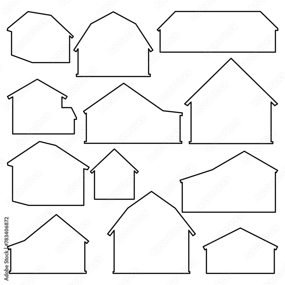 Big black barn silhouette line set. Different farm houses or barns ...