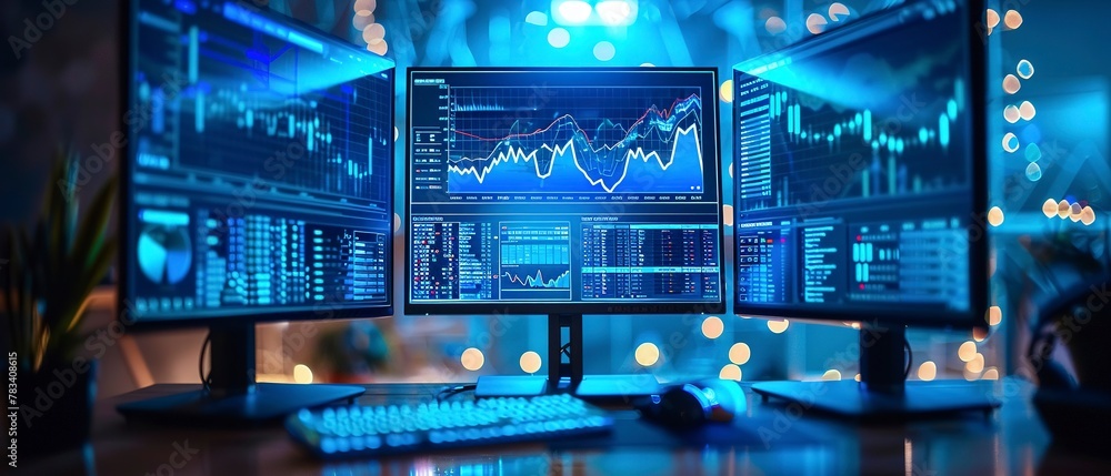 Investment data comparison on dual monitors, cool blue tone, direct ...