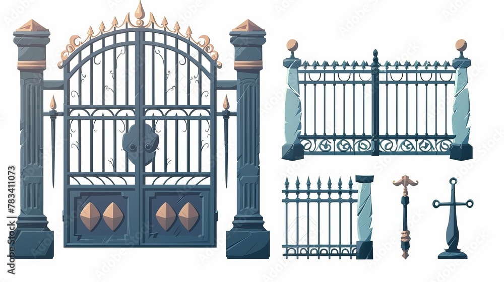 Cartoon set isolated fence gate icon. Metal entrance, Fence gate vector ...