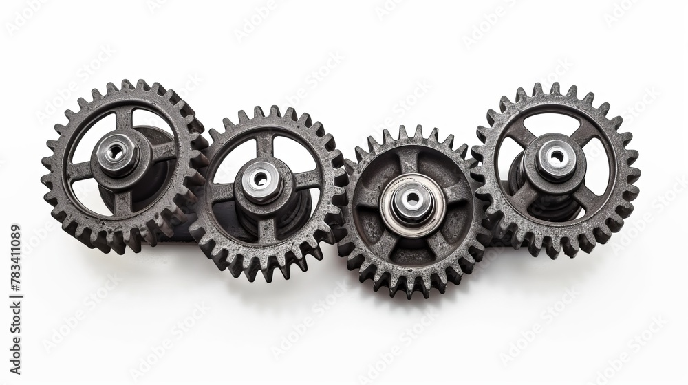 An engine's five steel cog wheels are joined together over a simple ...
