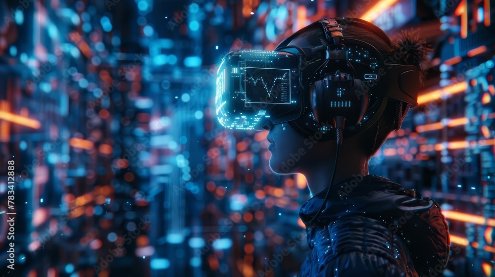 skilled cyberpunk hacker in futuristic virtual reality setting holographic interfaces digital ...