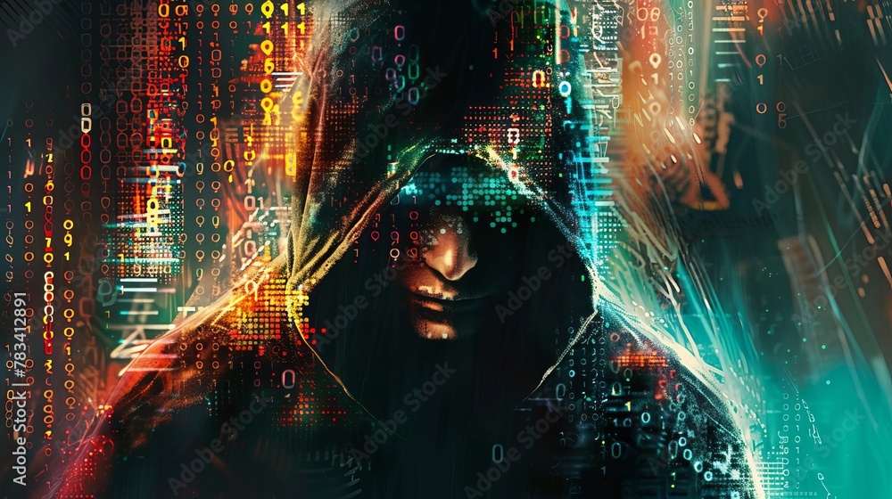 sinister hooded hacker with matrix code instead of a face concept of cyber crime and security ...