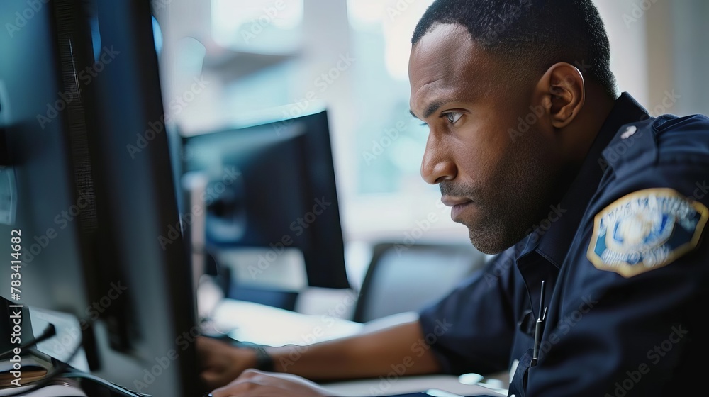 police officer entering suspects personal data into computer database ...