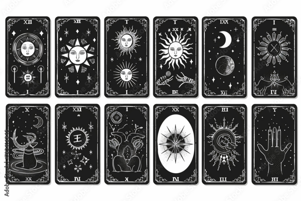 Back of tarot cards. Vector template for card deck with sun, moon ...