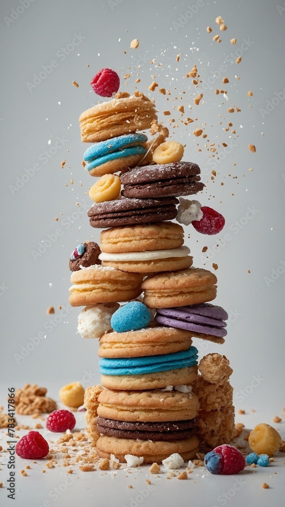 Tower of assorted cookies, each with different textures, colors ...