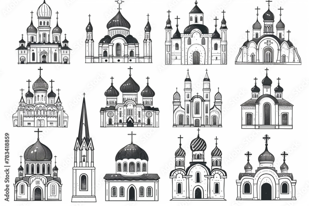 Church religious building set. Mosque, temple, synagogue, cathedral ...