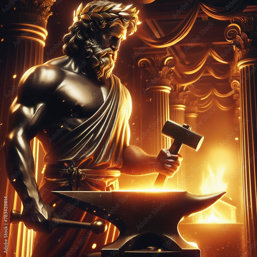 Hephaestus the god with his hammer and anvil. He was cast off Mount Olympus. God of of artisans ...