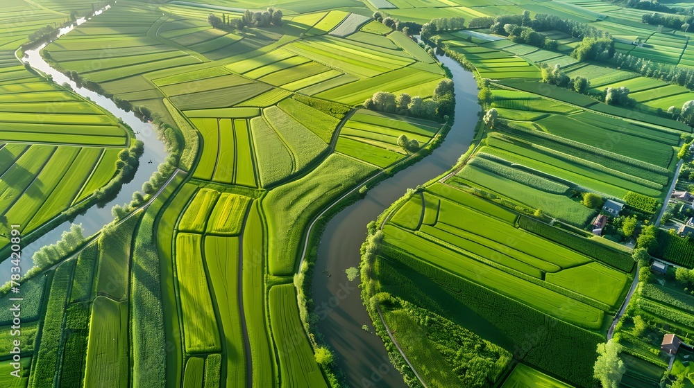 Banner of aerial satellite view of cultivated agricultural farming land ...