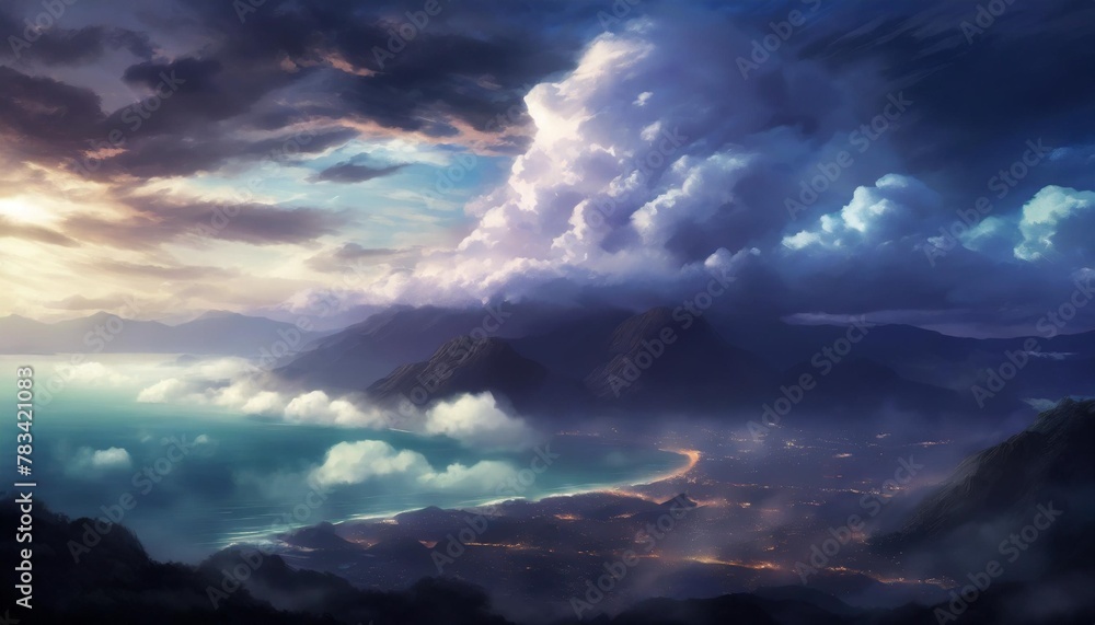 fantastic thick cloud sea sky above city land mountain fantasy backdrop ...