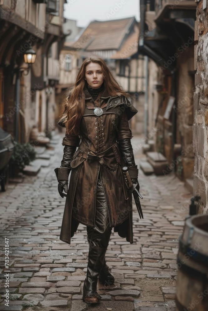 Medieval warrior woman walking through an old cobblestone street Stock ...