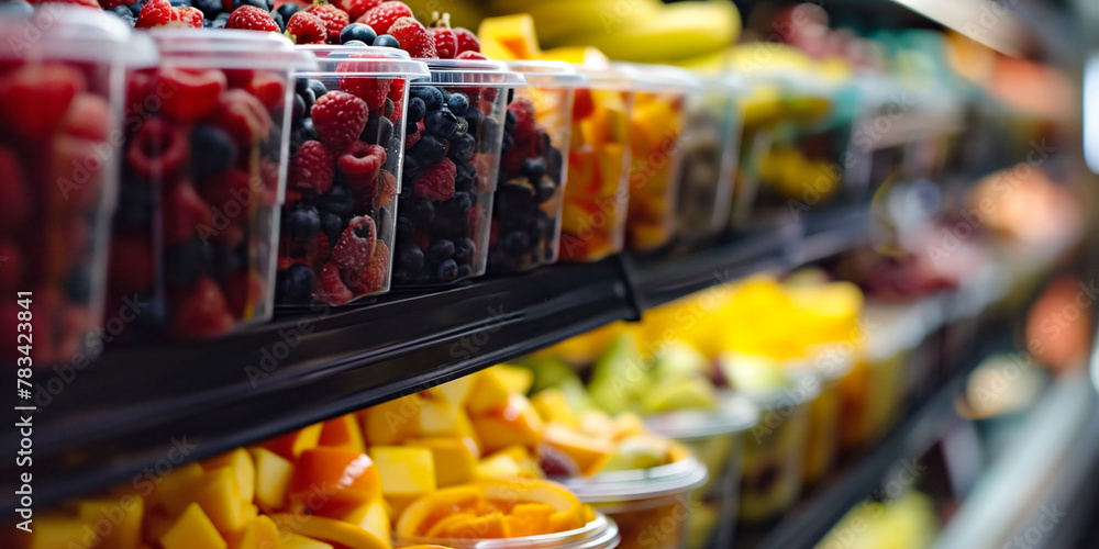 Precut fruits in transparent containers on a shelf focus on red berries ...