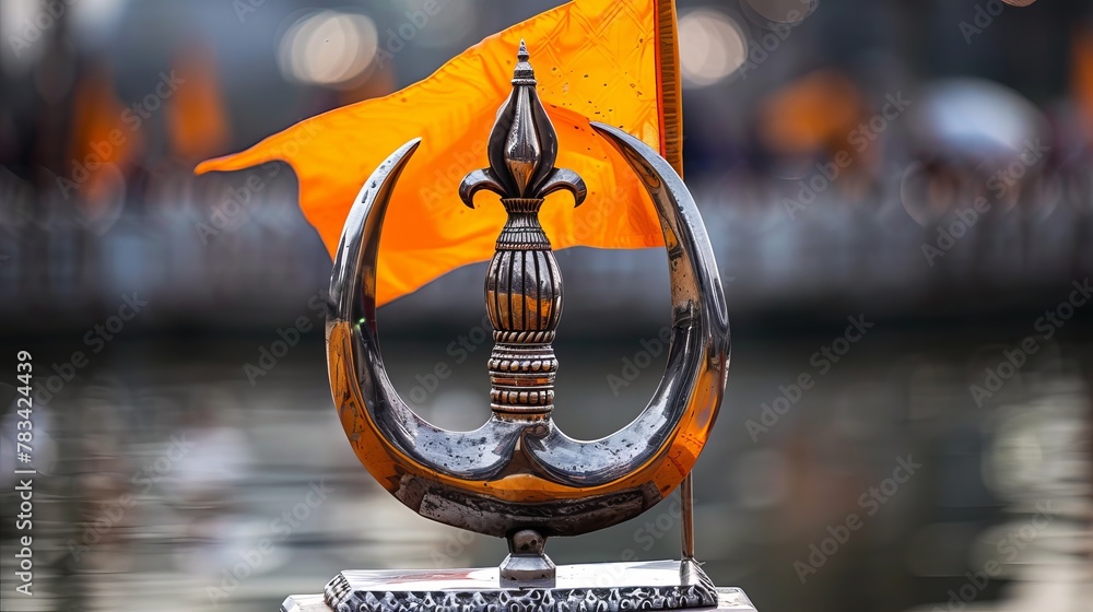 Steel Khanda: Emblem of Sikhism Displayed with Waving Orange Flag Stock ...