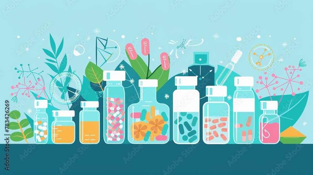 Flat vector illustration depicting pharmaceutical drug products derived ...