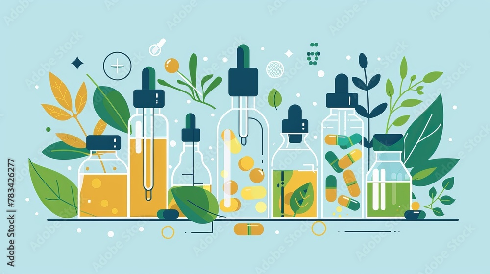 Flat vector illustration depicting pharmaceutical drug products derived ...