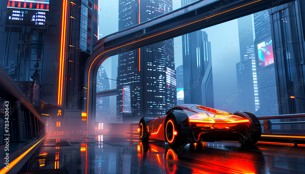 Advanced technology in an urban setting concept. High-tech vehicle on a ...