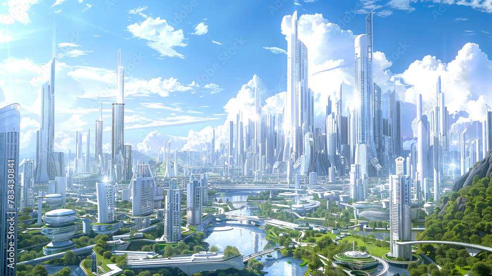 Neo-futurism in architecture. Eco-city of the future concept. Cityscape ...