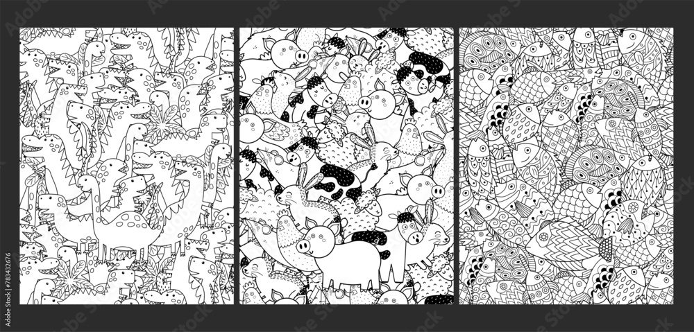 Doodle coloring pages bundle with cute animals. Adorable templates set ...