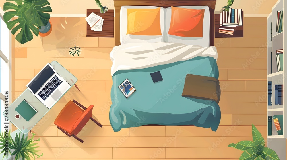 Top view of bedroom interior with bed, desk with laptop, bookcases and ...