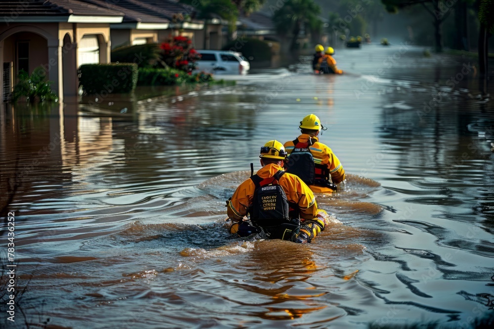 Rescue teams in yellow suits make their way through a flooded street ...