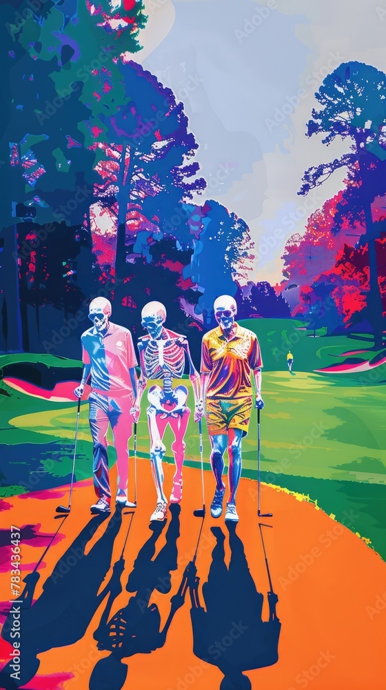 a risograph filter print of a group of skeletons at a national golf ...