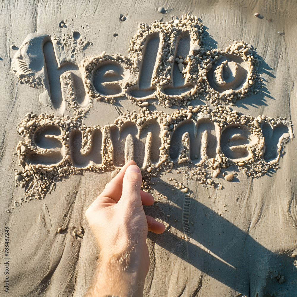 Hello summer written on sand Happy summer background summer post Stock ...
