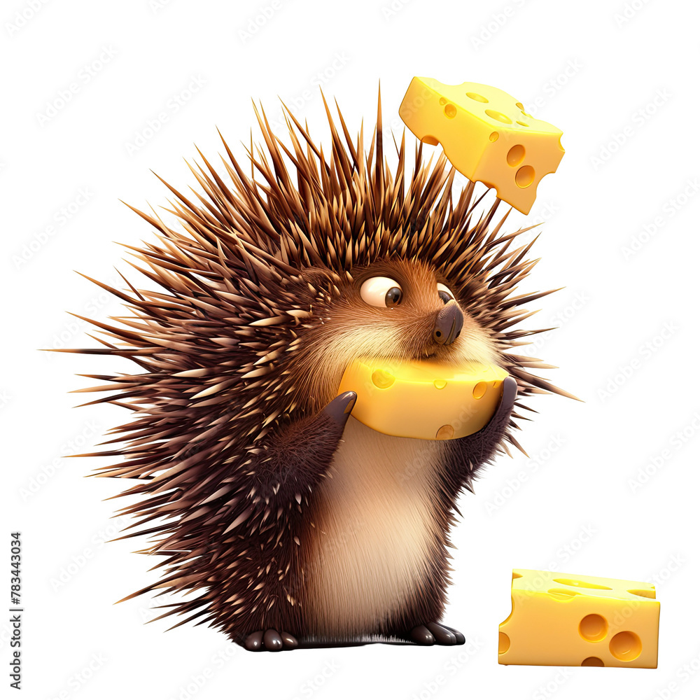Cartoon porcupine playfully attempting to balance cheese slices on its ...