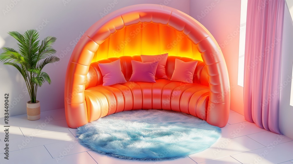 This image showcases a stylish inflatable sofa with a glowing warmth ...