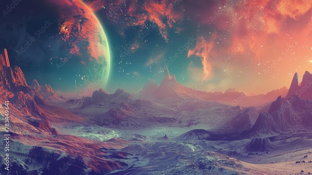 alien planet surface landscape with distant view of mountains and ...