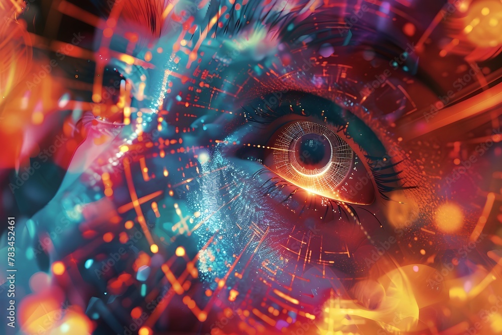 A colorful eye with a blurry background. The eye is surrounded by a ...