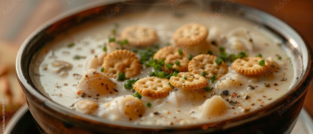 Clam chowder, close-up, oyster crackers on top, steam visible, cozy ...