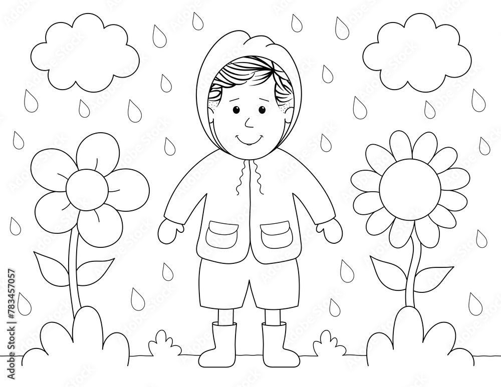 spring rain coloring page for kids. cute boy with raincoat and big ...