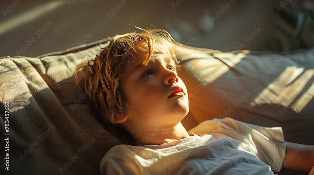 A relaxed young boy sprawls out on a sofa with a moment of relaxation ...