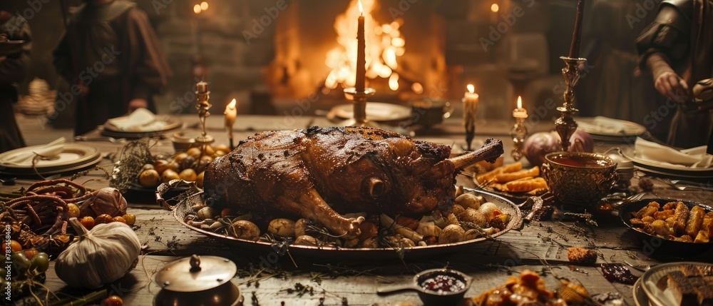 A historical reenactment of a medieval feast with a whole roasted beef ...