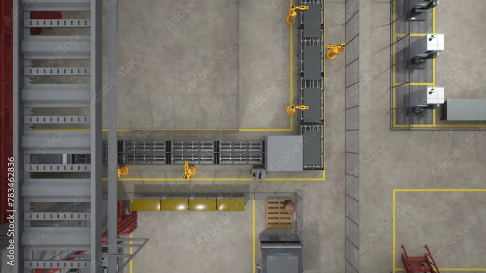 Facility with rows of industrial machines, manufacturing conveyor belts ...