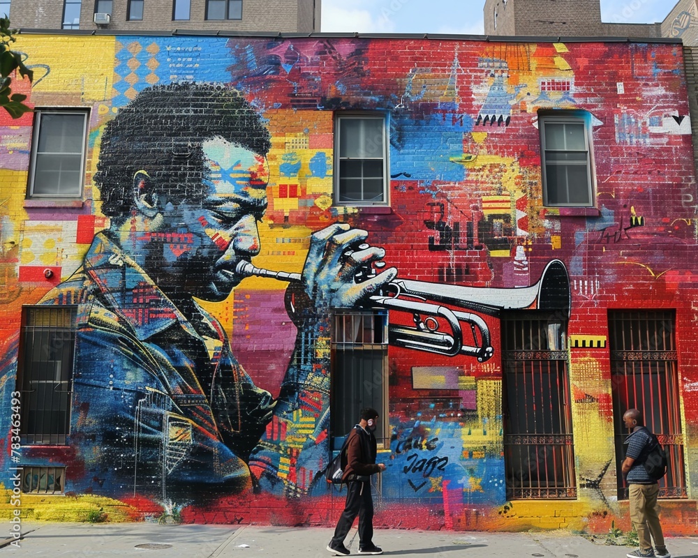 On the side of an apartment building is a vibrant urban street art ...