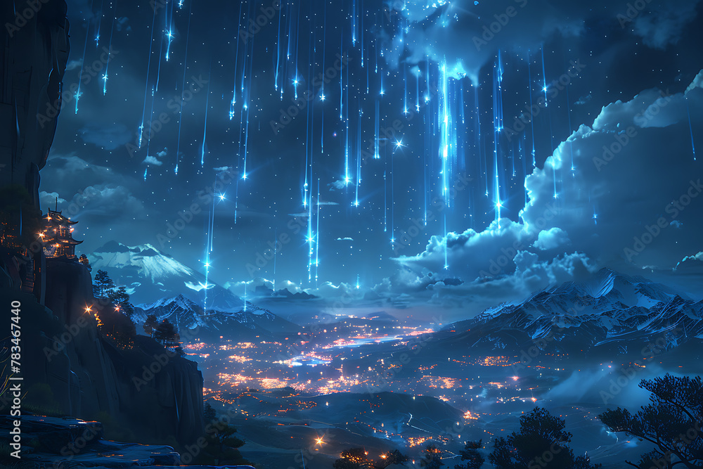 A mesmerizing starfall with falling stars streaking across the night ...