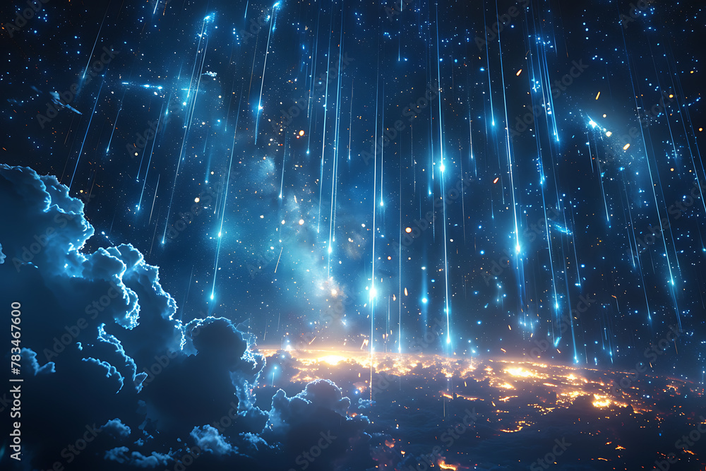 A mesmerizing starfall with falling stars streaking across the night ...