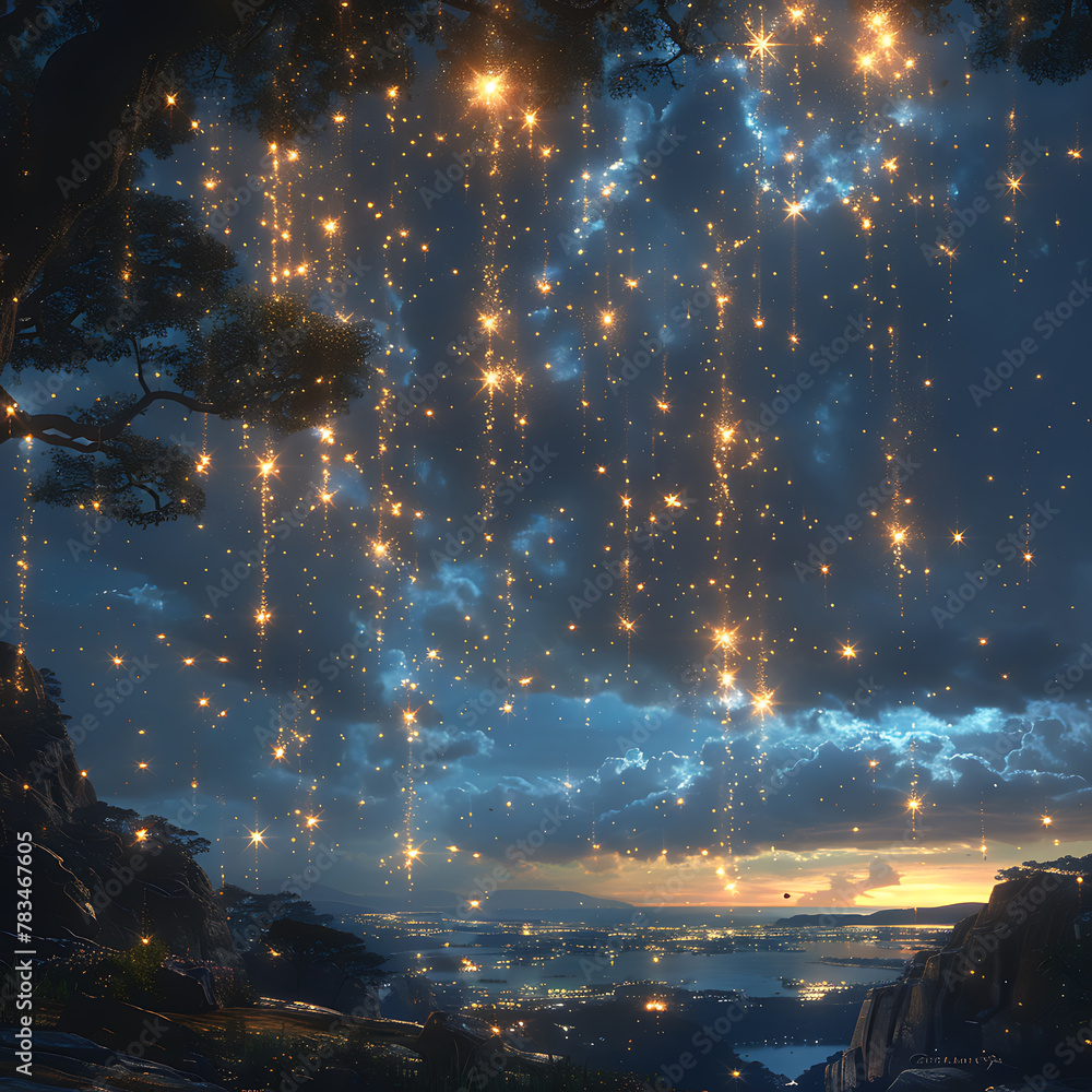 A mesmerizing starfall with falling stars streaking across the night ...